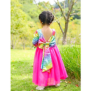 Cilucu Flower Girl Dress Sequin Dress Baby Toddler Long Sleeve Dress Tutu Kids Party Birthday Christmas New Year Dress Rainbow Hot Pink 4T-5T