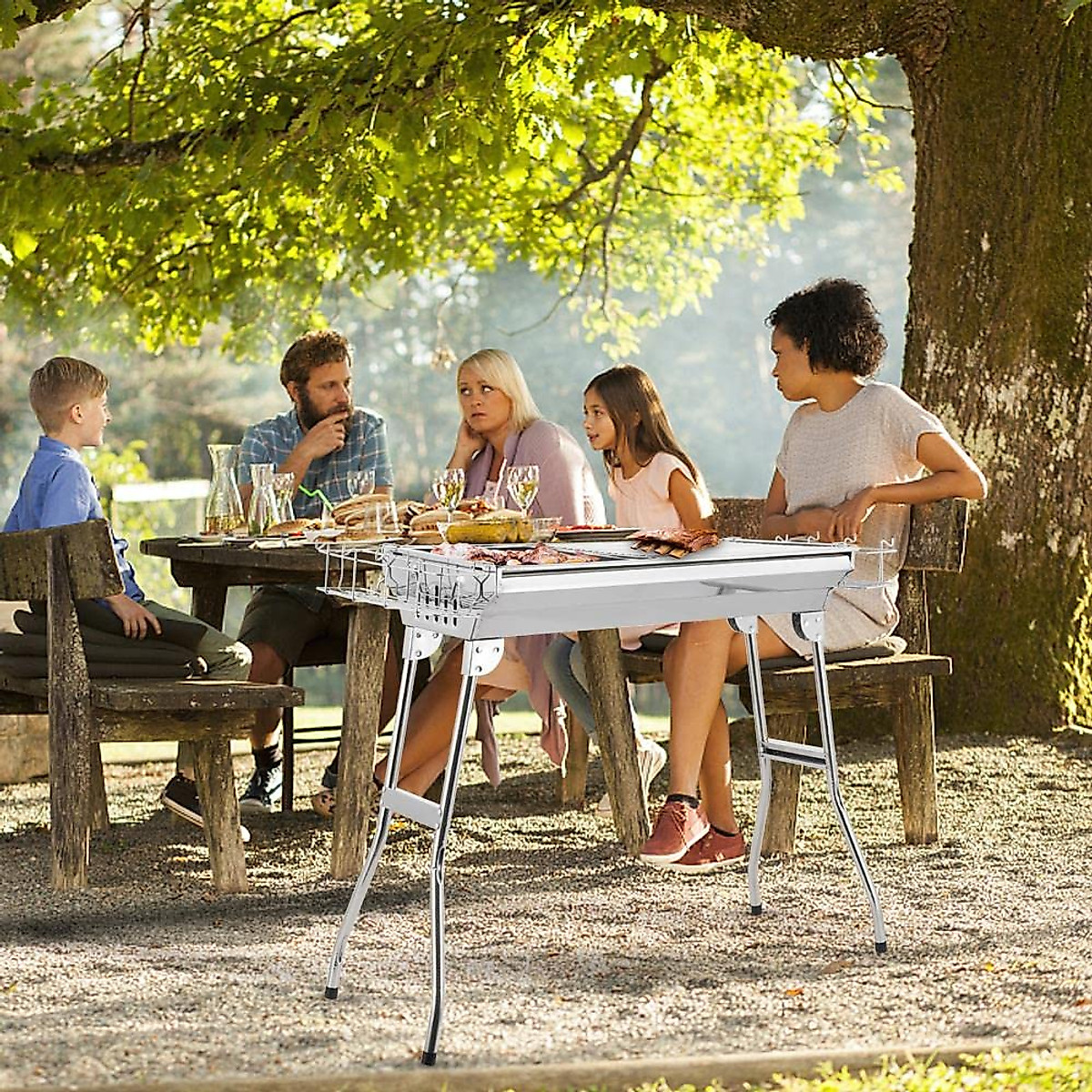 Compact and Foldable Stainless Steel Grill for Camping and Tailgating - Portable Charcoal BBQ Smoker with Removable Grate and Ash Adjustable Air Vents - Outdoor Cooking Made Easy