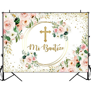Sensfun Mi Bautizo Backdrop Gold Bless Spanish Baptism Girl First Holy Communion Party Decorations Pink Floral Gold Glitter Background Christening Newborn Photo Studio Booth Props 7x5ft