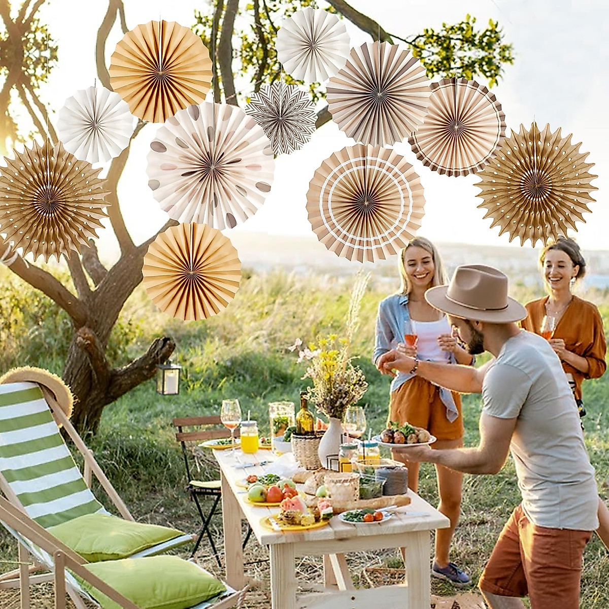 Easy Joy Boho Hanging Paper Fans White Brown Champagne Party Decorations Neutral Rustic Paper Fans Classroom Decoration for Baby Shower Birthday Wedding Bridal Party