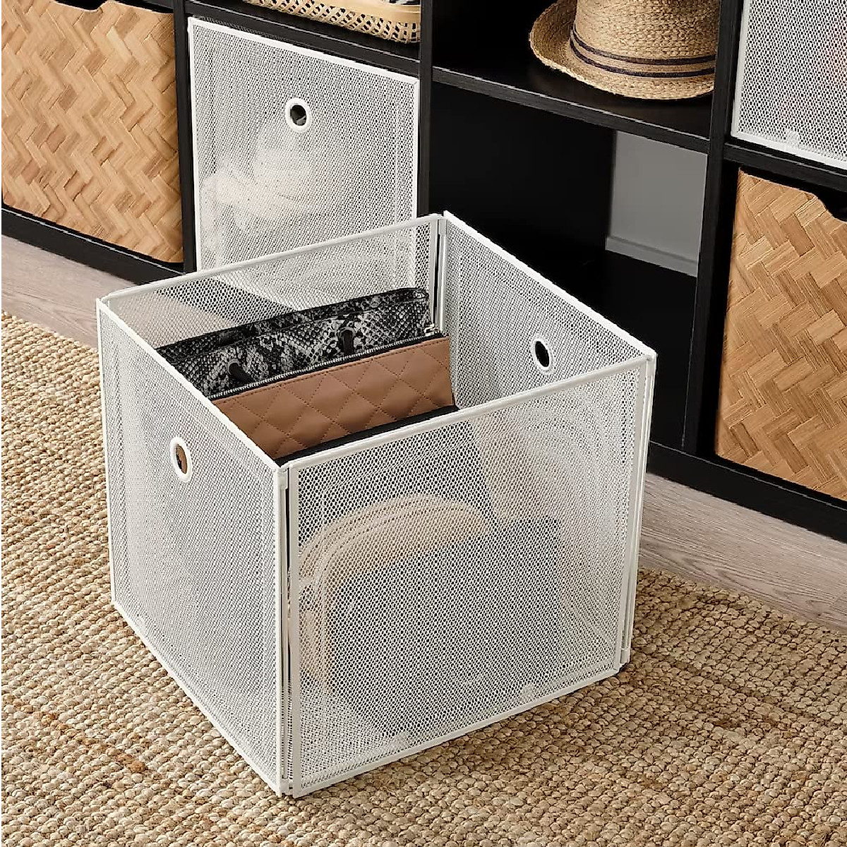 DRÖNJÖNS Storage Box,White KALLAX Shelving Unit Media Accessories and Clothes Organizer Steel Mesh Square Bin Foldable Handled 13x14 ½x13