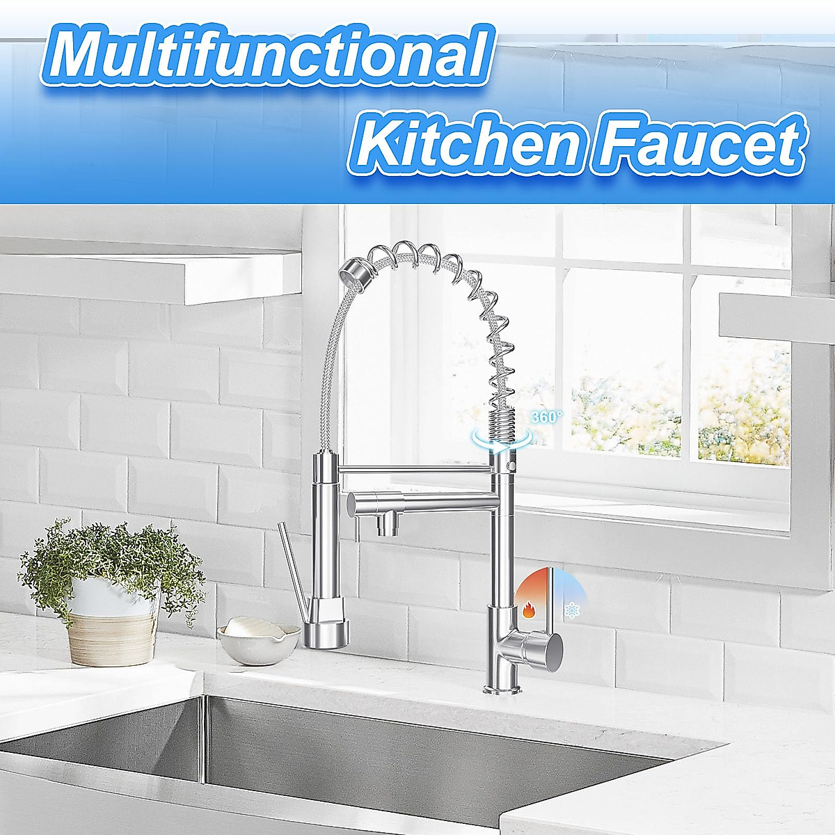 ZSW Kitchen Faucet with Pull Down Sprayer, Commercial Kitchen Sink Faucet with Pot Filler, Single-Handle Chrome Plated Stainless Steel Spring Sink Faucet