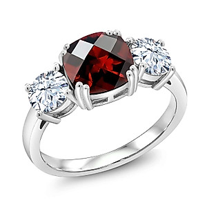 Gem Stone King 925 Sterling Silver Red Garnet and White Zirconia 3 Stone Engagement Ring For Women (3.90 Cttw, Gemstone January Birthstone, Cushion Checkerboard 8MM, Size 8)