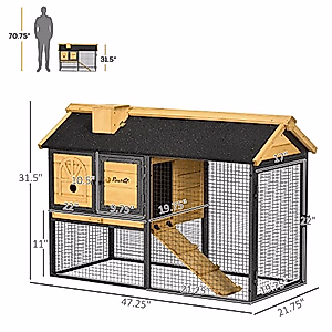 PawHut 47" Wooden Rabbit Hutch Outdoor with Run, Metal Frame, 2-Story Bunny Rabbit Cage with Removable Tray, Ramp, Bunny Hutch with Space-Saving Design
