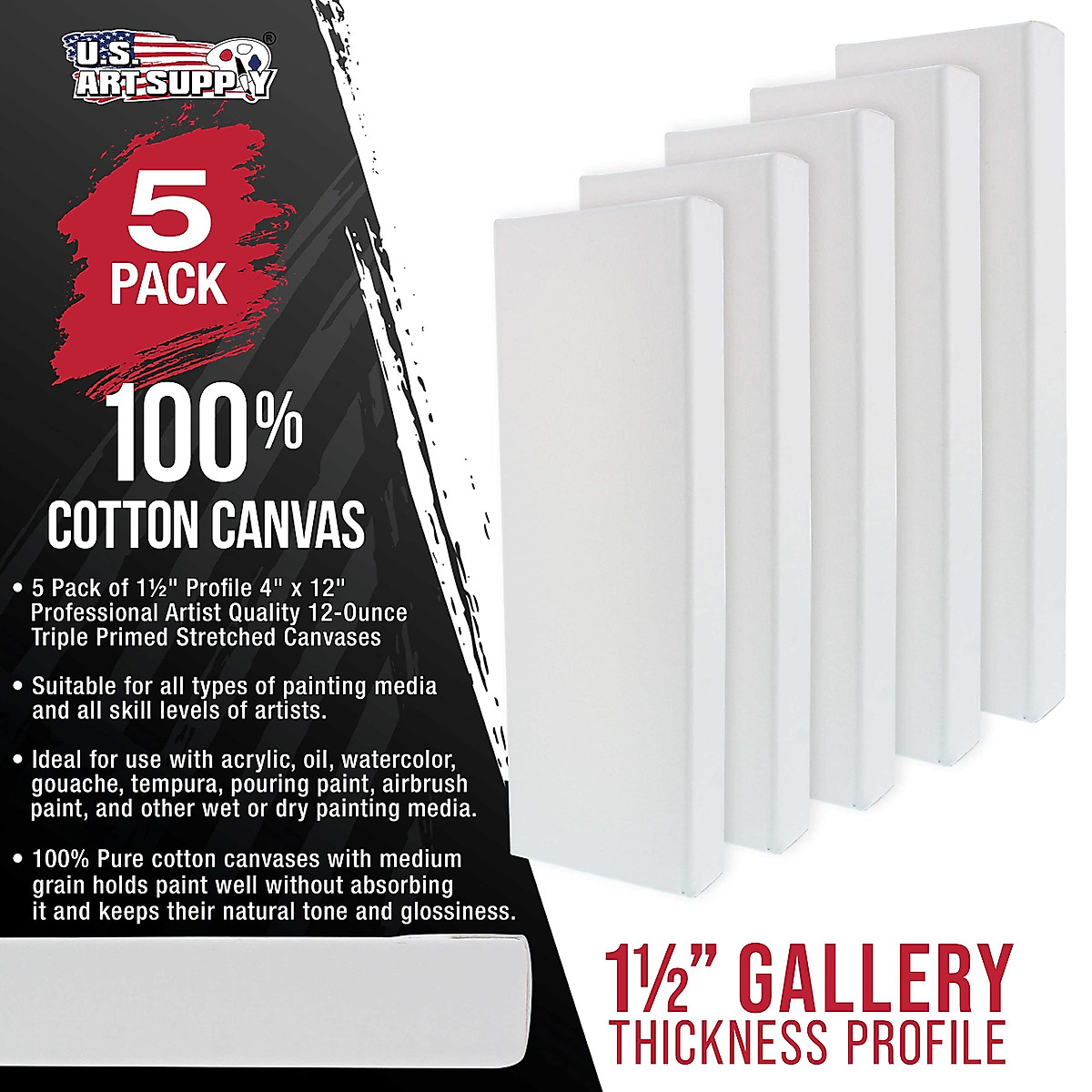 U.S. Art Supply 5-Pack Bulk White Stretched Canvas for Painting 4" x 12" Gallery Depth 1-1/2" Profile - Professional Artist Quality, 100% Cotton 12-Ounce Gesso Triple Primed for Acrylic Pouring, Oil