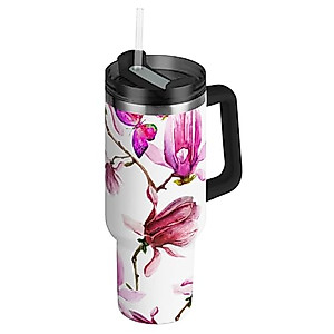 Yasala Car Tumbler with Handle Pinks Magnolia Butterfly Travel Mug Coffee Cup Insulated Beverage Container Mega Cup for Hot Cold Drinking Thermos Water Bottle Cupholder Friendly 40 oz