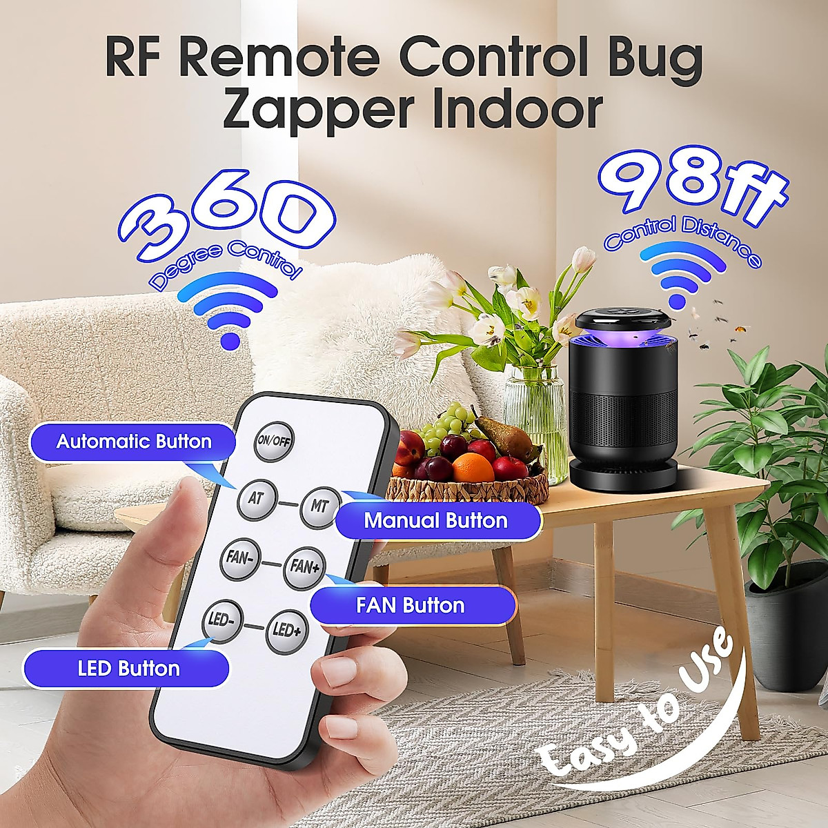 Fly Trap Indoor, Bug Light Trap Indoor, Remote Control Fruit Fly Trap, Gnat Trap, Mosquito Trap, Catch Insect Indoor with Light Suction Sticky Glue, Adjustable Brightness and Fans (Black&Dark Blue)