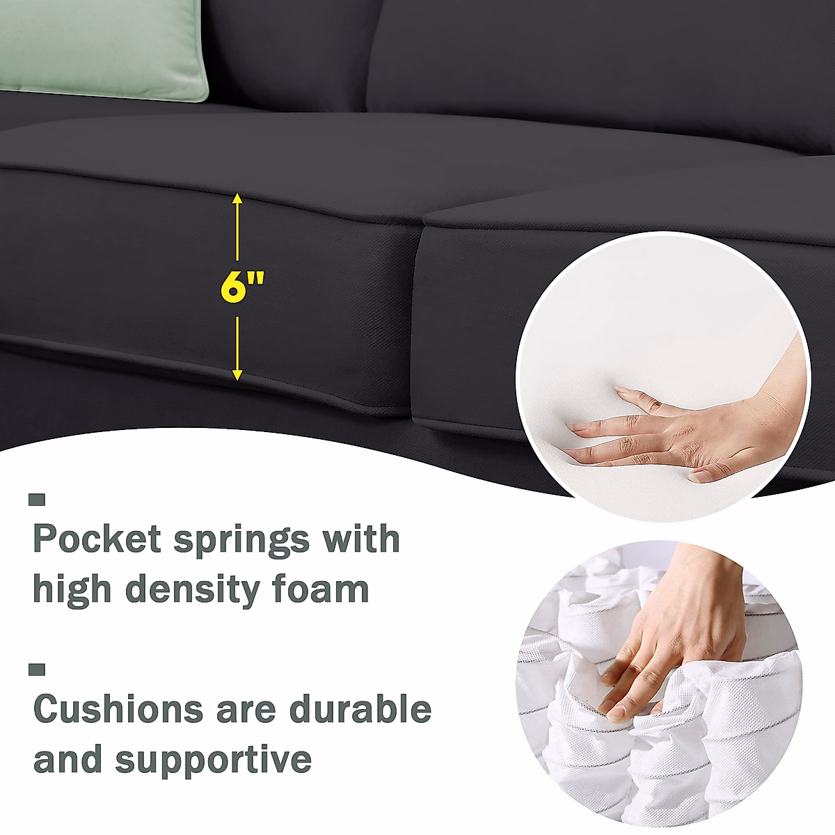 KoiHome 11287" Sectional Ottoman, Convertible L Shape Fabric Corner Couch Set with 3 Pillows, 7 Seats Modular Sofa Chaise for Living Room,Office,Apartment, Polyester, Black