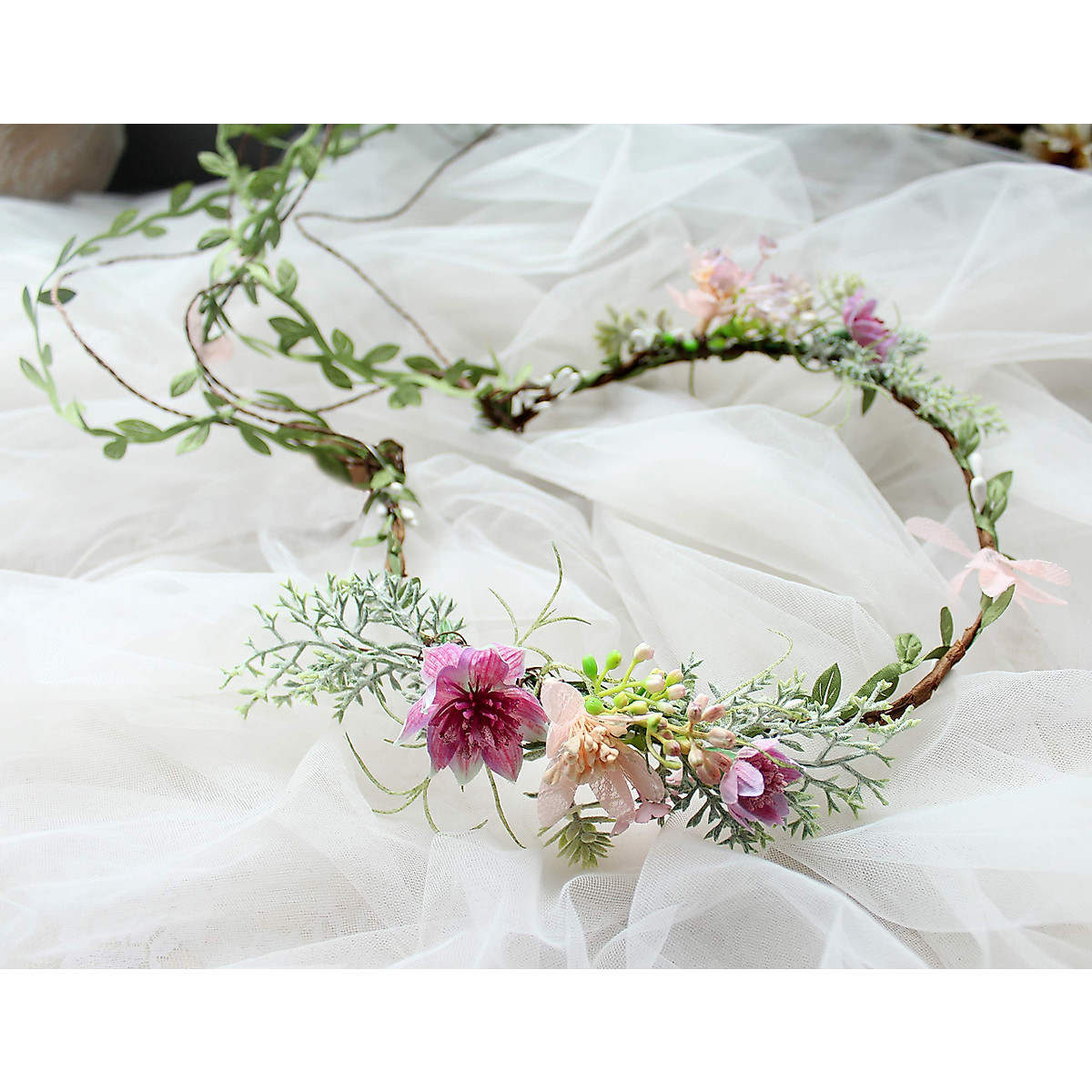 Vivivalue Vine Flower Crown Boho Flower Headband Hair Wreath Floral Headpiece Halo with Ribbon Wedding Party Photos Festival