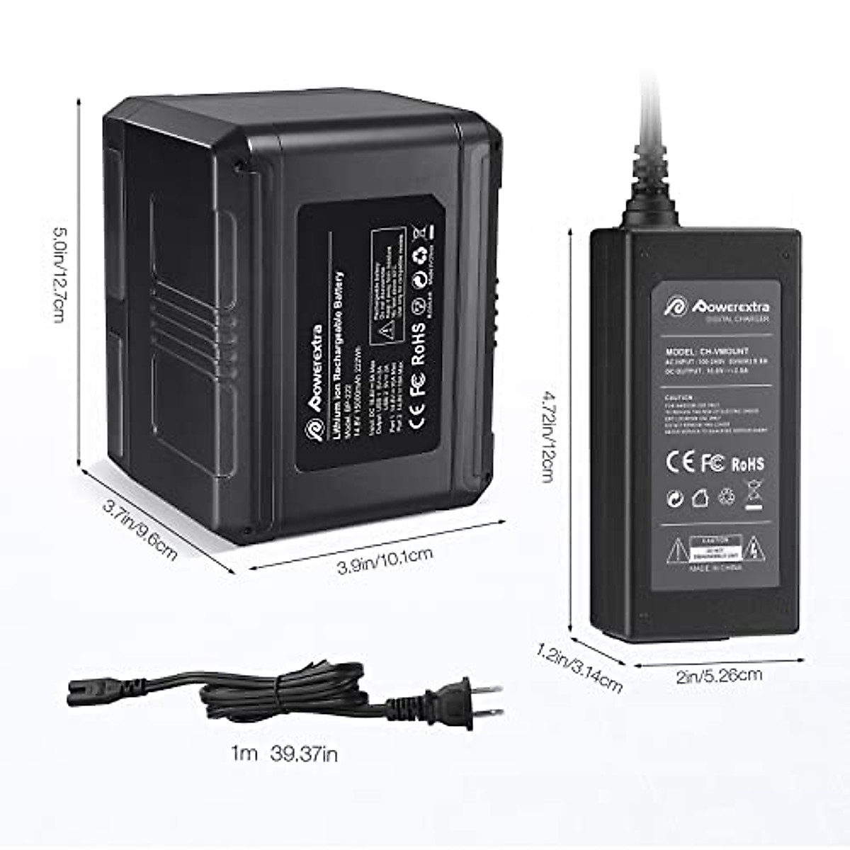 Powerextra V Mount V Lock Battery - 222Wh 14.8V 15000mAh Rechargeable Battery with D-tap Charger and Cable for Broadcast Video Camcorder, Compatible with Sony HDCAM, XDCAM, Digital Cinema Cameras