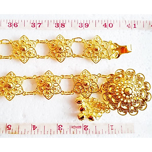 PunPund Belt Thai Gold Plate Star Flower Vintage Women Thailand Costume Wedding Chain Dress Dance Ram Thai 40-41 Inches