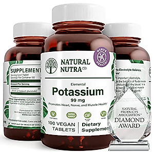 Natural Nutra Elemental Potassium Gluconate Dietary Supplement, Energy and Nervous System Health, Maintains Optimal Fluid Balance, Promotes Heart Health, 99 mg, 100 Vegan Tablets