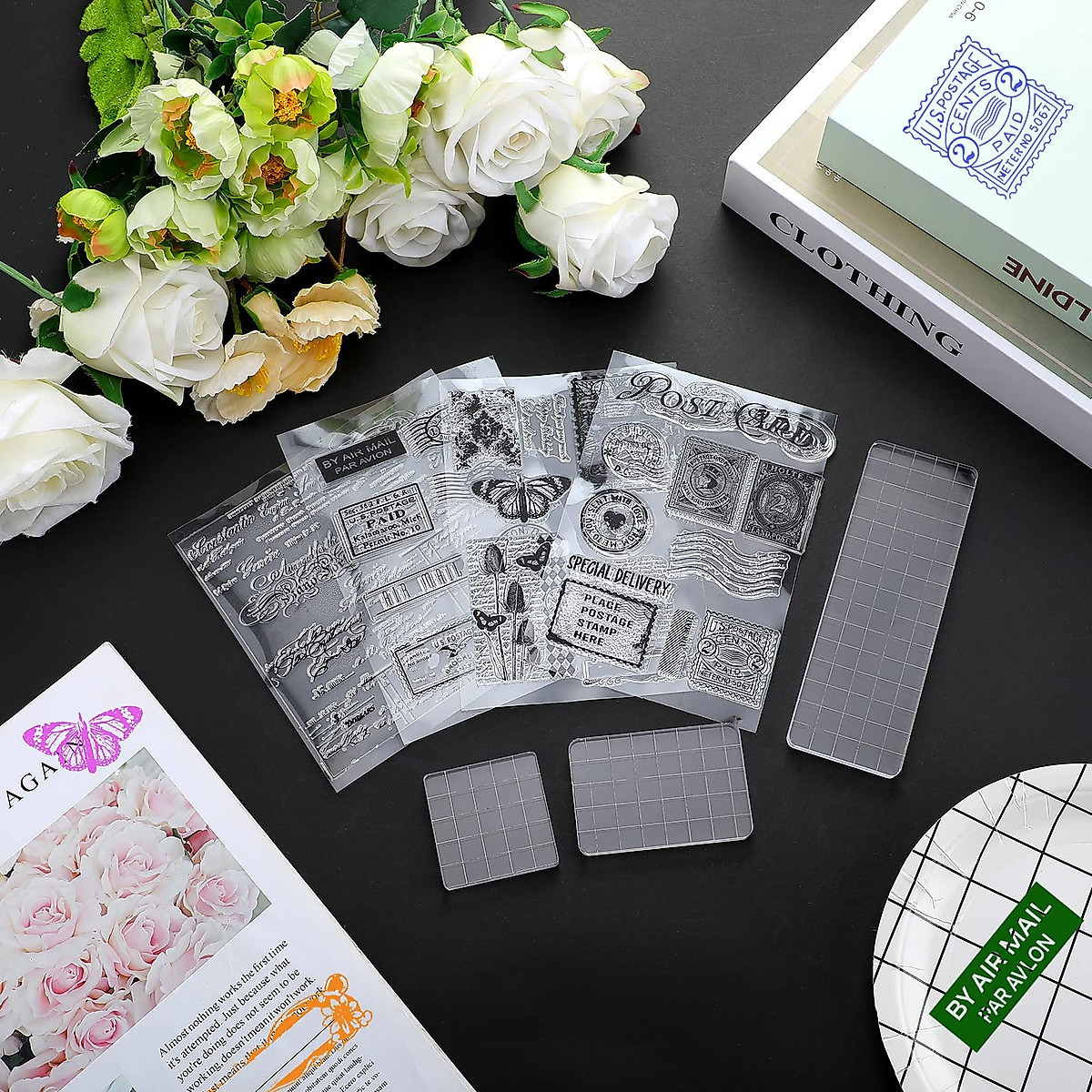 Yinder 7 Pcs Vintage Rubber Clear Stamps Set 4 Sheet Transparent Postage Silicone Stamps 3 Pcs Acrylic Stamp Block Tools with Grid Lines Rubber Craft Supplies for DIY Scrapbooking Journaling