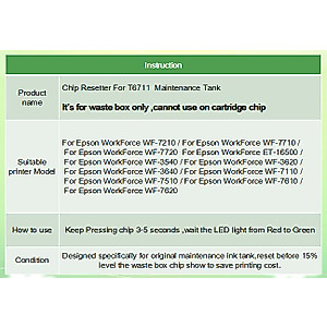 T6711 Maintenance Ink Tank Chip Resetter for Epson Workforce Pro WF-5190 WF-5690 WF-4630 WF-5110 WP-4010 WF-7710 WF-7720, white, 10*10*8cm, GP-T6711-CR