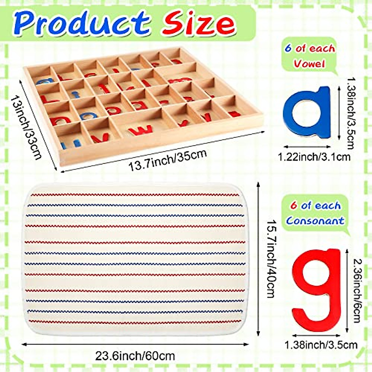Montessori Letters Movable Wood Alphabet with Box and Large Mat Small Wooden Alphabet Letters Montessori Trays Preschool Spelling Learning Language Materials Objects, Red, Blue