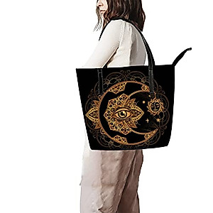 Black Vintage Boho Golden Moon Sun and Mandala Tote Bag for Women Leather Handbags Women's Crossbody Handbags Work Tote Bags for Women Coach Handbags Tote Bag with Zipper.