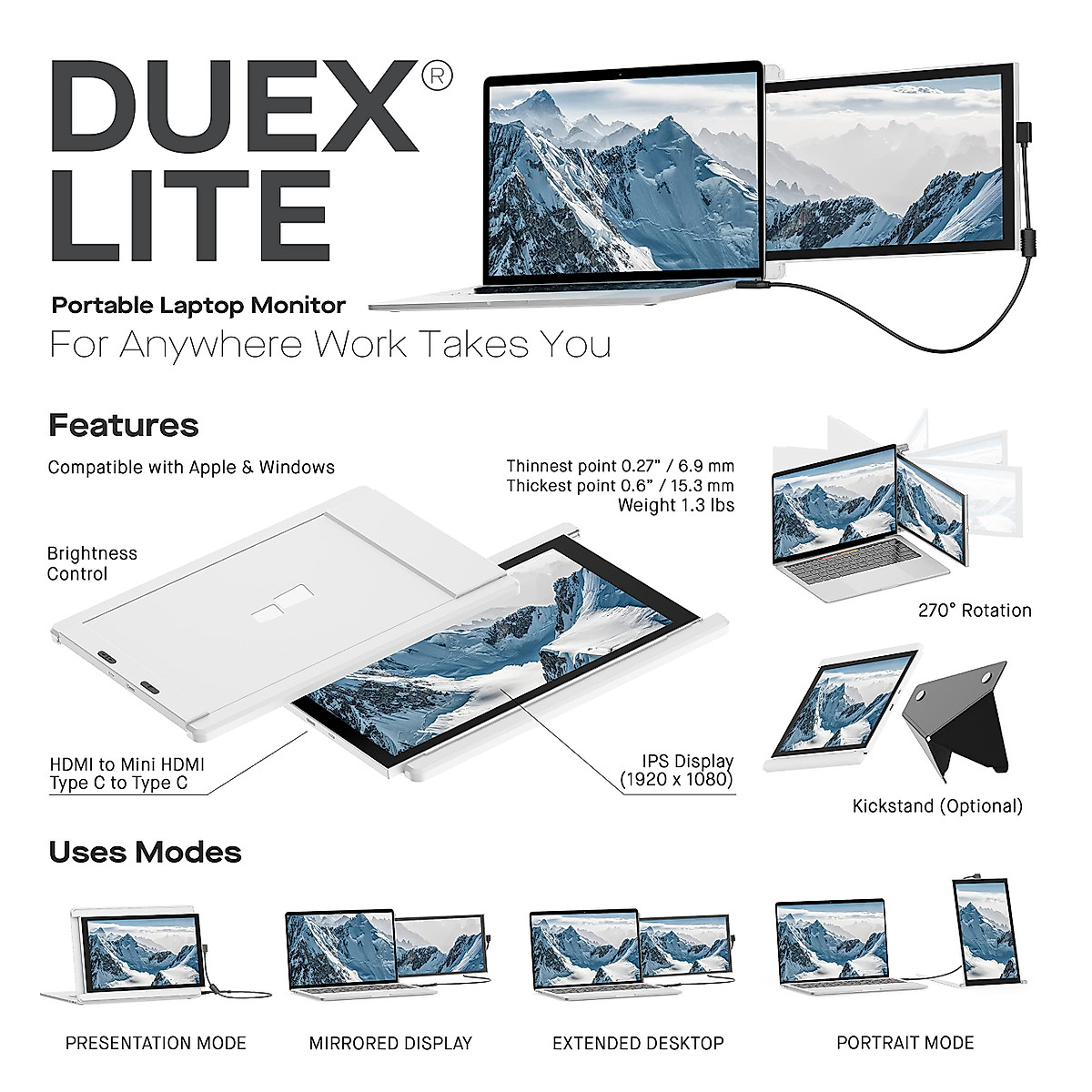 Mobile Pixels DUEX Lite 12.5" 16:9 Full HD Portable Laptop LCD Monitor, Cool White