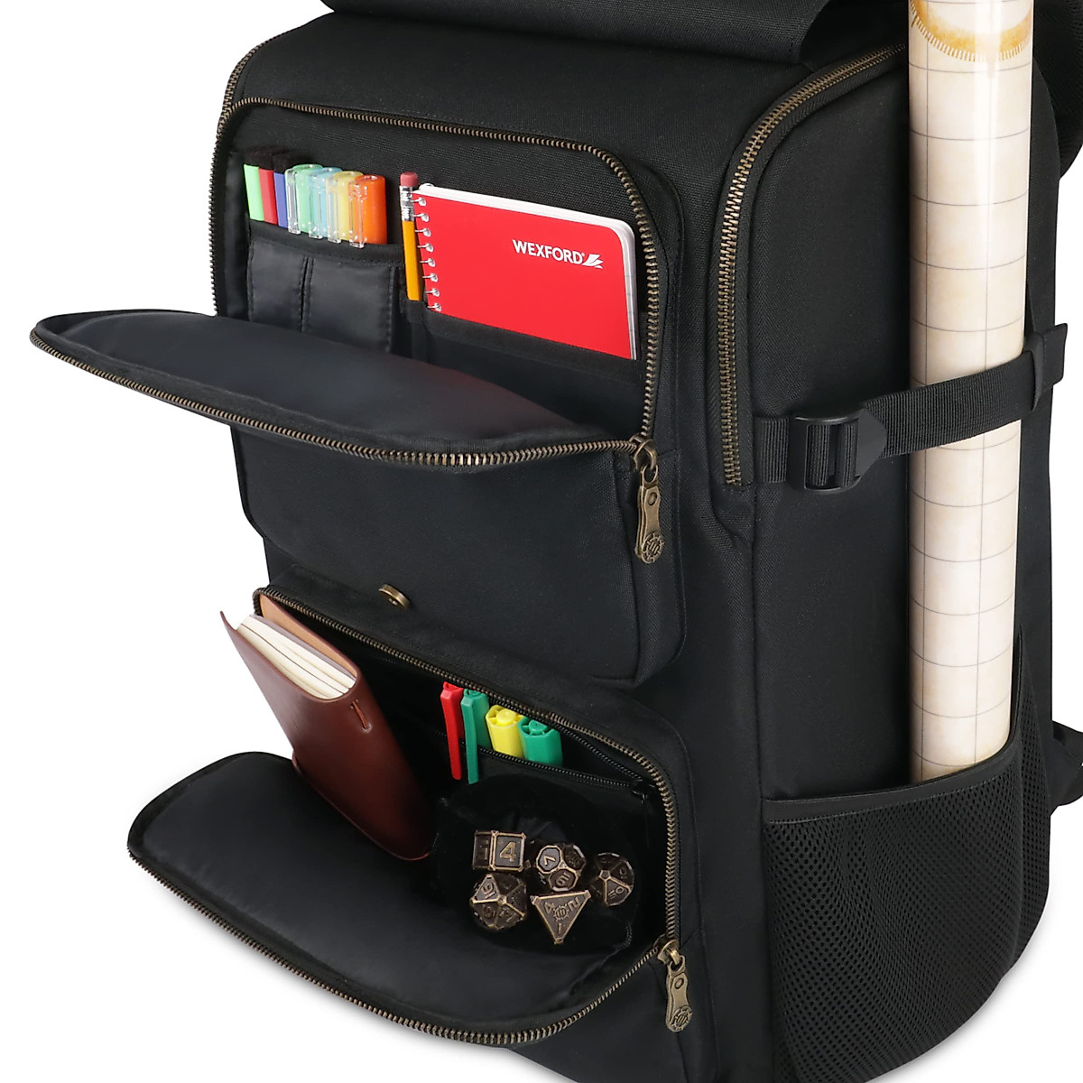 ENHANCE DnD Backpack - RPG DM Bag for Dungeons and Dragons - Travel DnD Bag Organizer fits 6-8 Books Upright, 18" Laptop/DM Screen Slot, Miniature Storage Foam Trays, Accessories Pockets, Map Strap