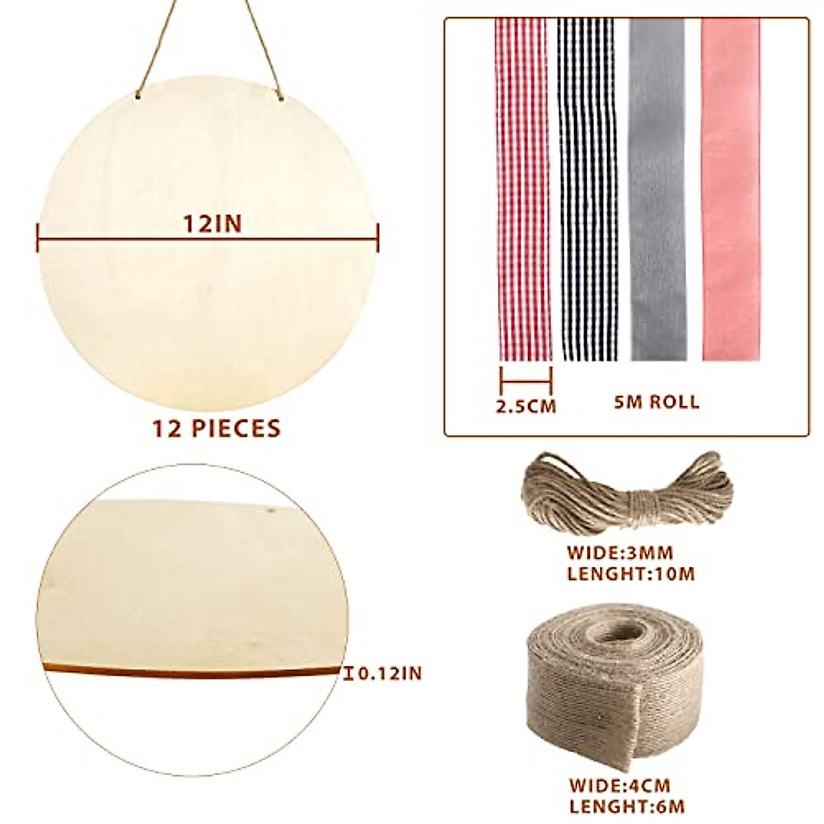 12pcs Wood Circles for Crafts 12inch Unfinished Blank Round Wooden Slices Easter Ornaments Home Decorations DIY Cutouts Welcome Door Decors Signs Red Black Plaid Burlap Ribbon Rustic Jute Rope Strings