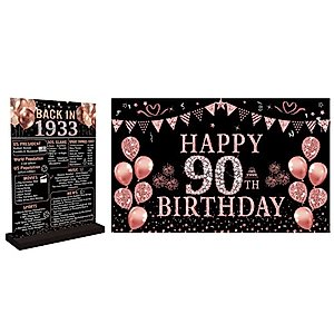 Trgowaul 90th Birthday Decorations Set: Includes Rose Gold Birthday Backdrop Banner 5.9 X 3.6 Fts, Rose Gold Back in 1933 Birthday Poster Acrylic Table Sign with Stand