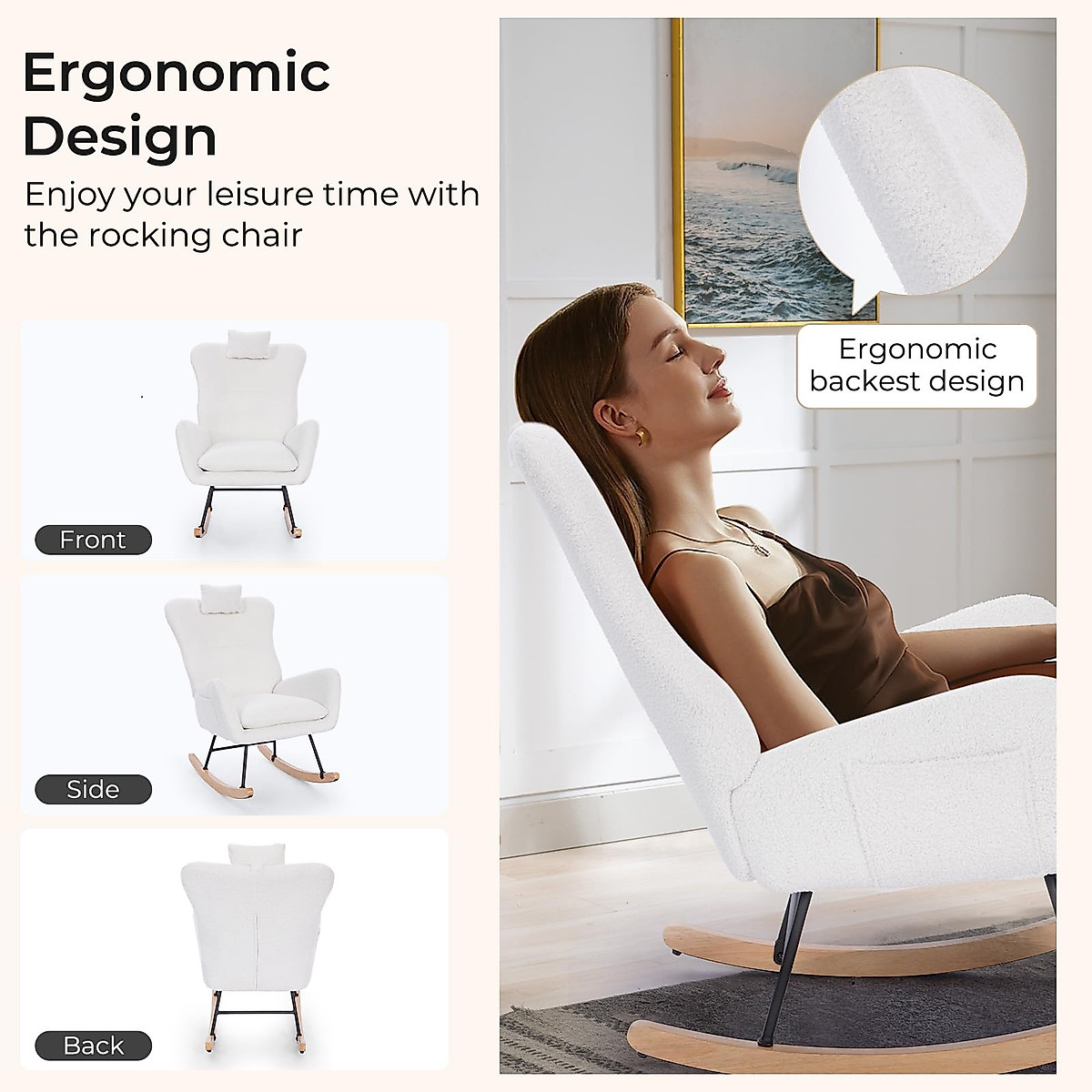 Unovivy Rocking Chair Nursery, Teddy Upholstered Nursing Armchair with Wood Base, Baby Glider Rocker with Headrest & Side Handy Cocket, Small Gliding Seat for Living Room, Bedroom, Office