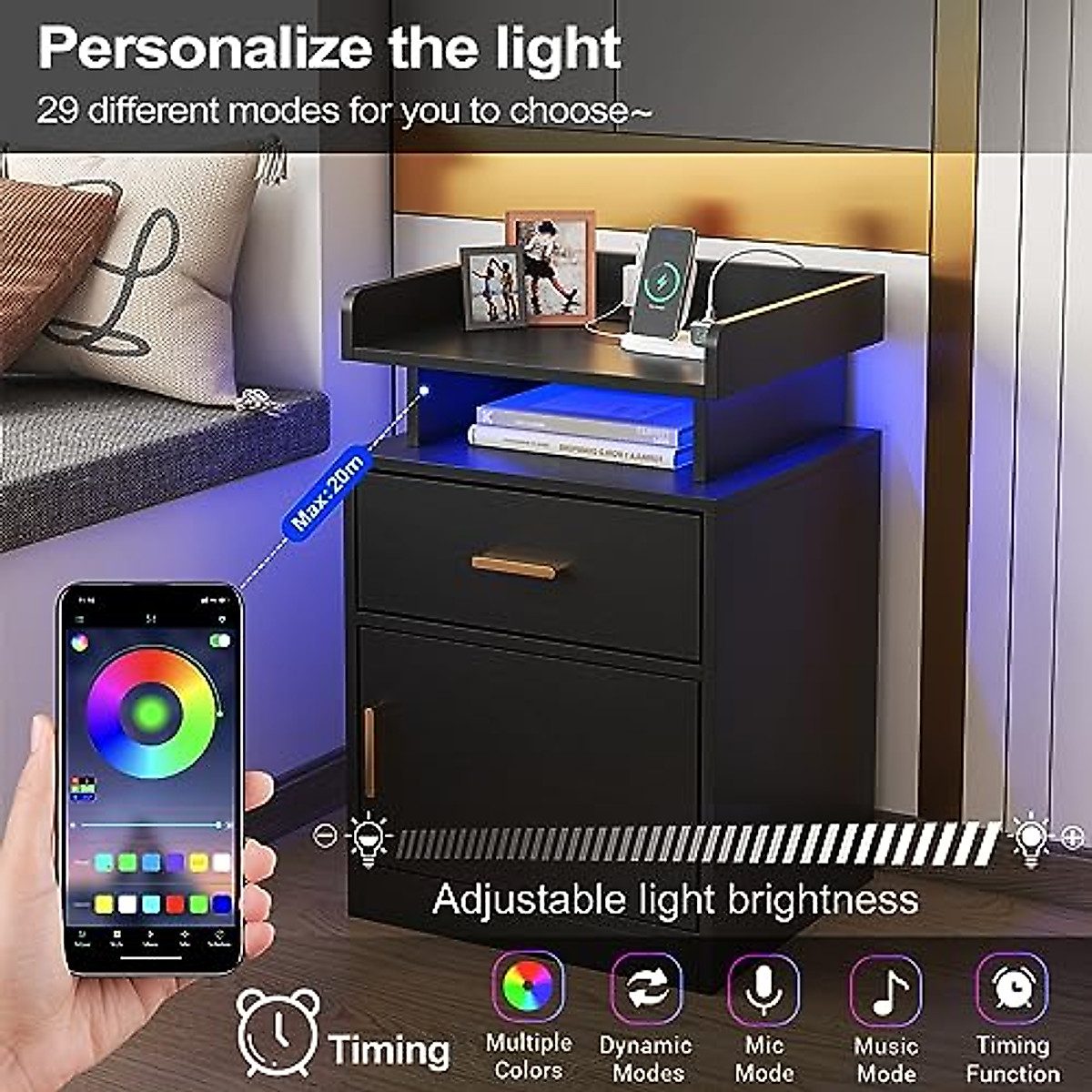 Tcpuolr Nightstand with Charging Station & Cabinet Storage, Led Night Stand with Drawer & Open Shelf, Bedside Table with Top Baffle, End Table for Bedroom, Living Room, Black