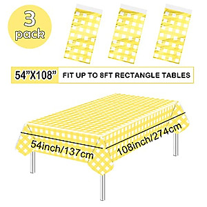 HEIPINIUYE 3 Pack White and Yellow Checkered Tablecloth 54 X108 Waterproof Disposable Gingham Table Cover Rectangle Plastic Table Cloths for Party Birthday Camping Wedding Picnic Baby Shower