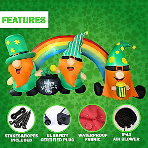 BLOWOUT FUN 8ft Inflatable St. Patrick's Day 3 Gnomes with Rainbow Decoration, LED Blow Up Lighted for Indoor Outdoor Holiday Art Decor Clearance