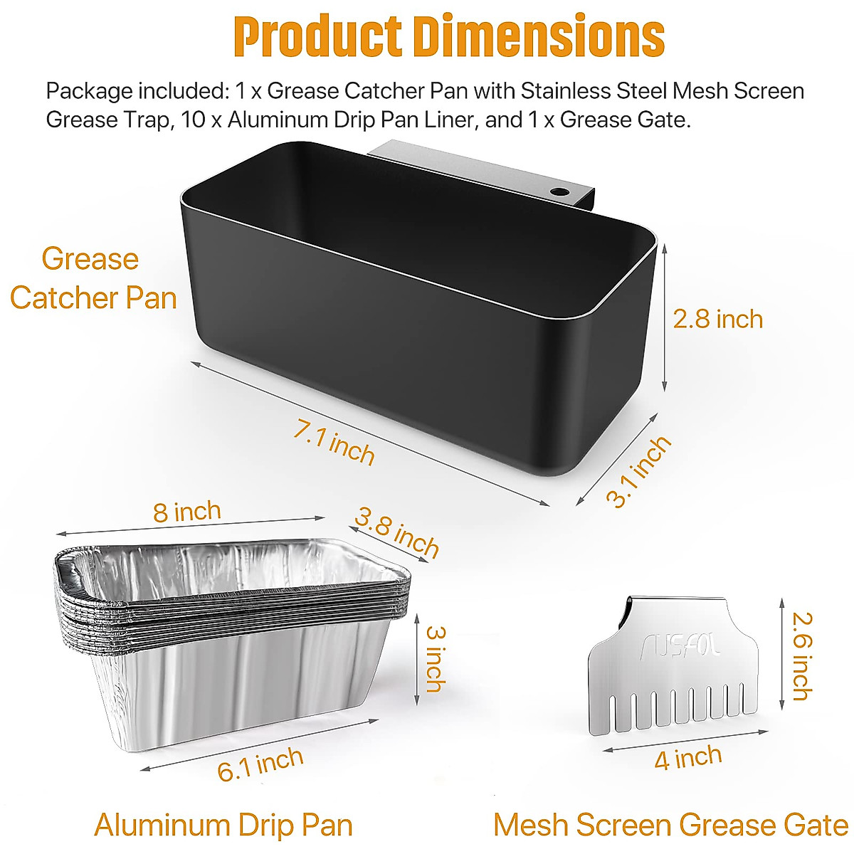 RUSFOL 3-in-1 Grease Catcher Pan with Stainless Steel Mesh Screen Grease Gate and 10 Pcs Aluminum Drip Pans Liner for 28"/36 Blackstone Griddles, Free from Drill&Easy Install BBQ Accessories