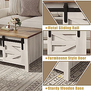 Furmax Coffee Table with Storage and Sliding Barn Doors, Farmhouse Living Room Table with Adjustable Shelves, Wood Rustic Center Table for Home Living Meeting Room (Antique White)