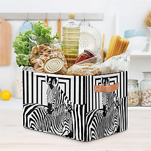 Funky Qiu African Animal Zebra Storage Basket Cube Black White Large Toys Storage Box Bin with Handle Collapsible Closet Shelf Cloth Organizer for Nursery Bedroom,15x11x9.5 in,2 Pack