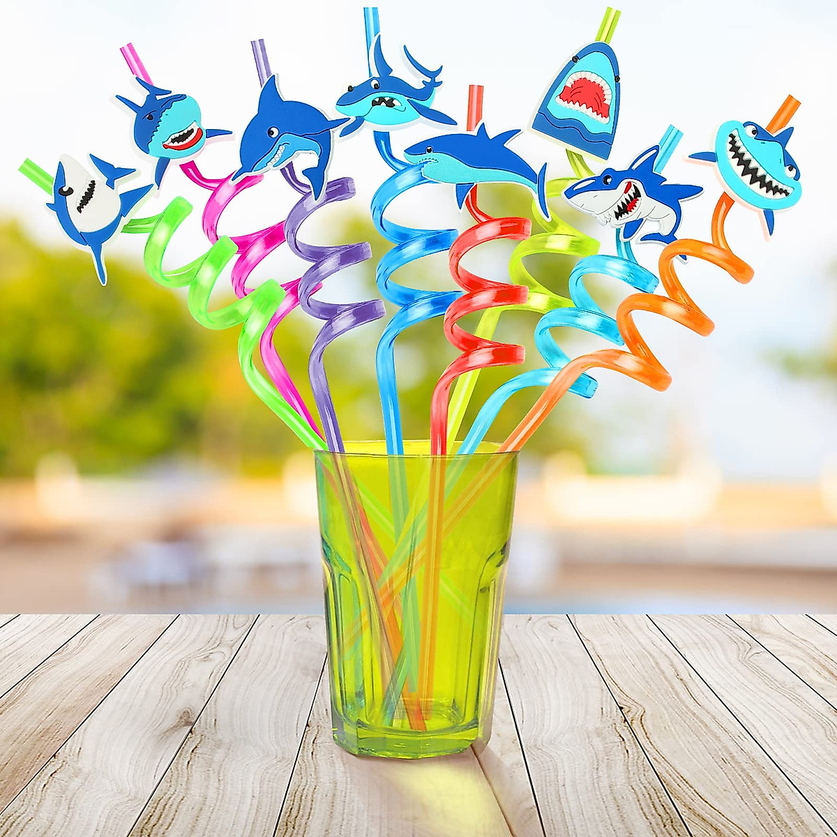 24 reusable shark straws and 2 cleaning brushes, Shark party supplies, birthday party gift decorations - set of 26