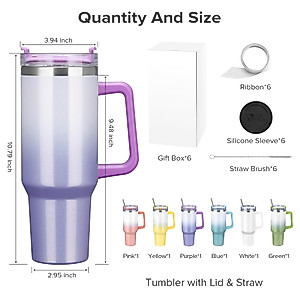 FASTSUB 40 oz Sublimation Tumbler with Handle Lid and Straw Glitter Sparkly Cup Removable Handle Double Wall Vacuum Insulated Travel Mug Personalized Gifts for Tumbler Heat Press Multicolored 6 Pack