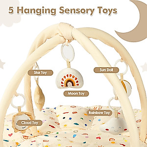 Patywaga 5 in 1 Thick and Plush Play Gym, Tummy Time Mat, Play Mat for Babies and Toddlers, Activity Gym, Baby Activity Center from Baby to Toddler, Ball Pit, Soft Plush Pet Bed, with 5 Toys(Beige)