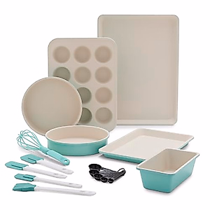 GreenLife Bakeware Healthy Ceramic Nonstick, 12 Piece Baking Set with Cookie Sheets Muffin Cake and Loaf Pans including utensils, PFAS-Free, Turquoise