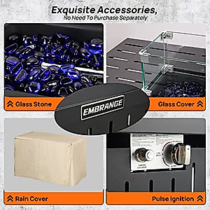 EMBRANGE Gas Fire Pit 43 Inch Propane Fire Pits, Pulse Ignition 50,000 BTU Steel Fire Pit with Glass Wind Guard, Waterproof Cover,Glass Stone, Add Ambience to Gatherings on Patio Garden Backyard