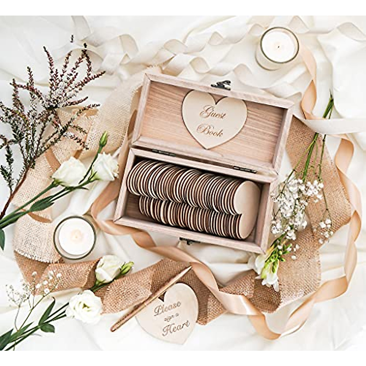 Jecor Alternative Guest Book Box - Wedding Guest Book Alternative - 62 Large Wooden Hearts - Also for Baby Shower, Bridal Shower, Anniversary, Birthday, Retirement, Funeral Guest Book Alternatives