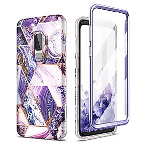 SURITCH for Samsung Galaxy S9 Plus Marble Case, [Built-in Screen Protector] Full-Body Protection Shockproof Rugged Bumper Protective Cover for Galaxy S9 Plus 6.2 Inch (Lavender)