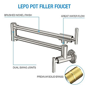 LEPO Pot Filler Faucet, Wall Mount Solid Brass Brushed Nickel Double Joint Swing Arm Folding Kitchen Faucets with Single Hole, 2 Handles