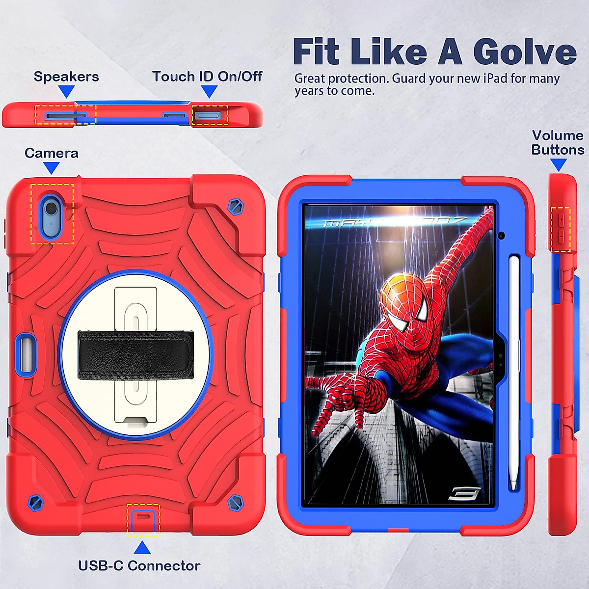 LTROP iPad 10th Generation Case(10.9-inch, 2022), iPad 10th Gen Case with Screen Protector, Hand/Shoulder Strap, Swivel Kickstand, Sturdy Cover Case for iPad 10.9 10 Generation for Kids Boys, Red