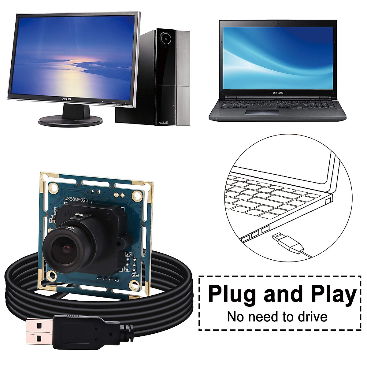 8mp USB Camera Module for Computer Wide Angle PC Camera 3.6mm Lens Webcam Board Mini UVC USB2.0 Lightburn Camera IMX179 USB with Camera 4K USB Security CCTV Camera for Raspberry Pi Mac Jetson Nano