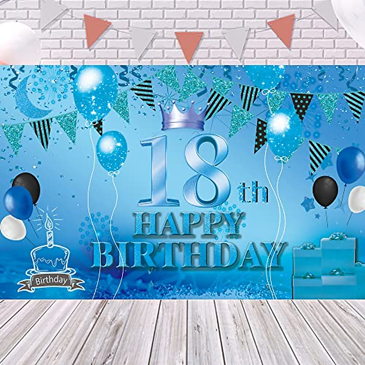 Happy 18th Birthday Backdrop Banner Blue 18th Sign Poster 18 Birthday Party Supplies for Anniversary Photo Booth Photography Background Birthday Party Decorations, 72.8 x 43.3 Inch