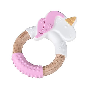 Silicone and Wood Teether Ring in Organic & Natural 100% Food Grade Silicone & Beech Wood, Unicorn Teething Toy (Pink-1pack)