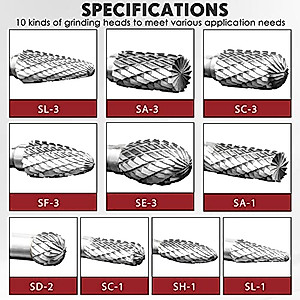 WHISTECK Carbide Burrs Set, 10 Pcs Double Cut Solid Tungsten Carbide Rotary Burr Set, 1/4 Inch Shank Die Grinder Bits, Rotary File for Die Grinder Metal Carving, Polishing, Engraving, Drilling