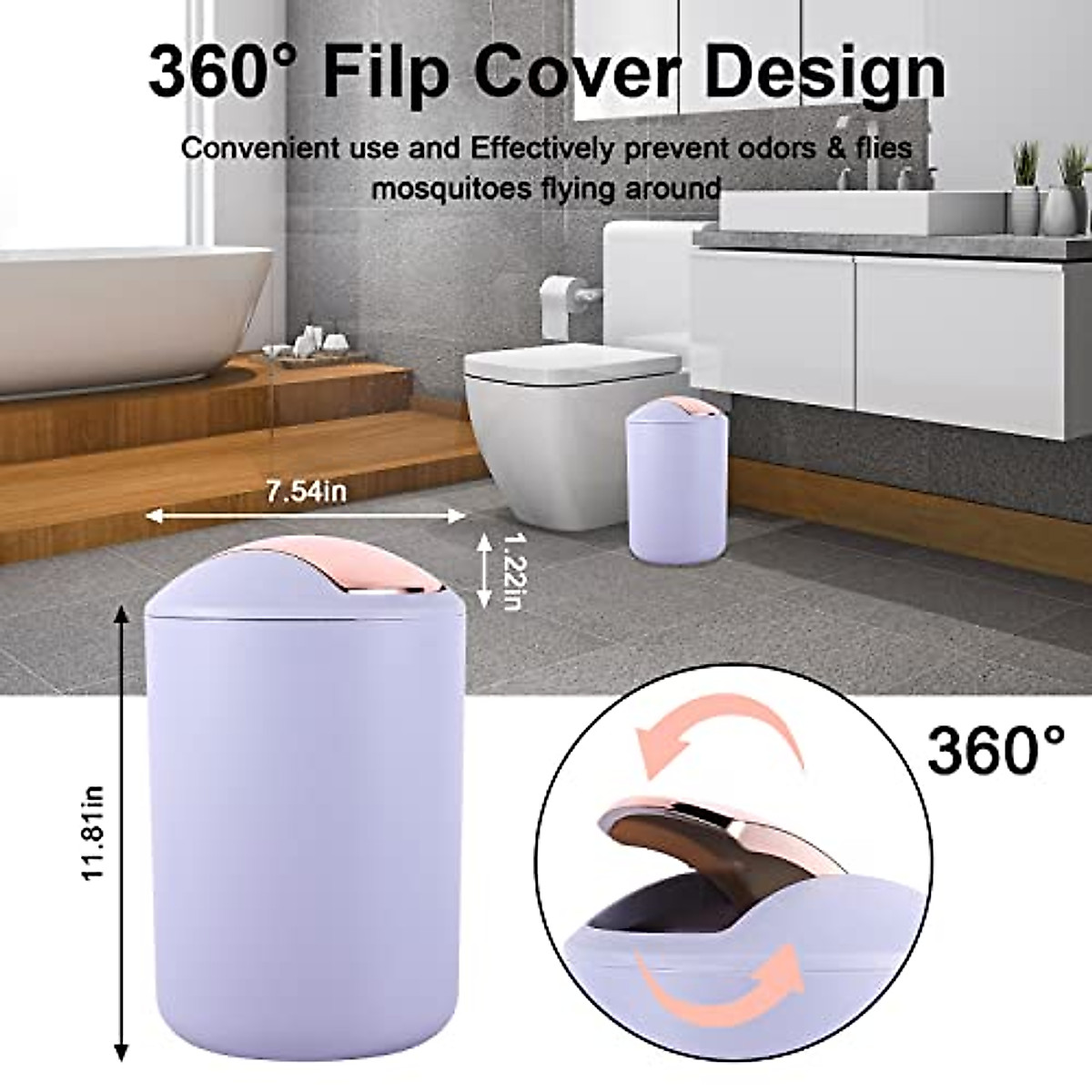 8 Pieces Purple Bathroom Accessories Set - Trash Can with Swing Lid,Soap Dispenser,Self Draining Soap Dish,Toilet Brush with Holder,Toothbrush Holder,Mouthwash Cup,Qtip Holder Dispensers