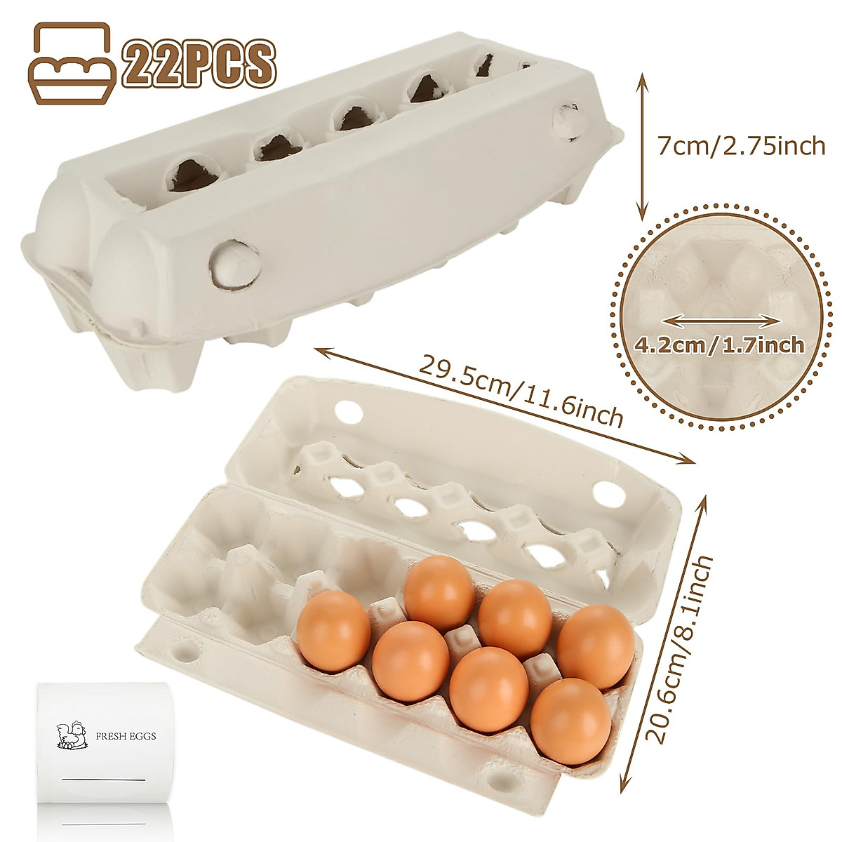 22 Pcs 12 Count Egg Cartons Cheap Bulk Empty Cardboard Egg Cartons Paper Egg Cartons for Chicken Egg, Fresh Egg and Sale, with Sticker