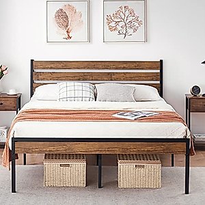 Alkmaar Bed Frame with Wood Headboard and Metal Slats Support Platform Bed Frame with Storage No Box Spring Needed (Queen) Black