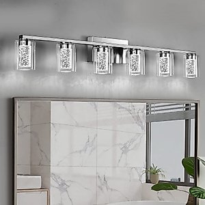SADENICEL 6 Light Brushed Nickel Bathroom Light Fixtures, LED Vanity Lights Crystal White/Neutral/Warm Bathroom Lights Over Mirror for Bathroom, Bedroom,Living Room (6 Light)