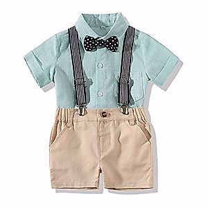 Kimocat Baby Boy Shirt and Tie Sets Long Sleeve Woven Top+ Bowknot+ Shorts with Suspender Straps Outfits (12/18Month, Green)