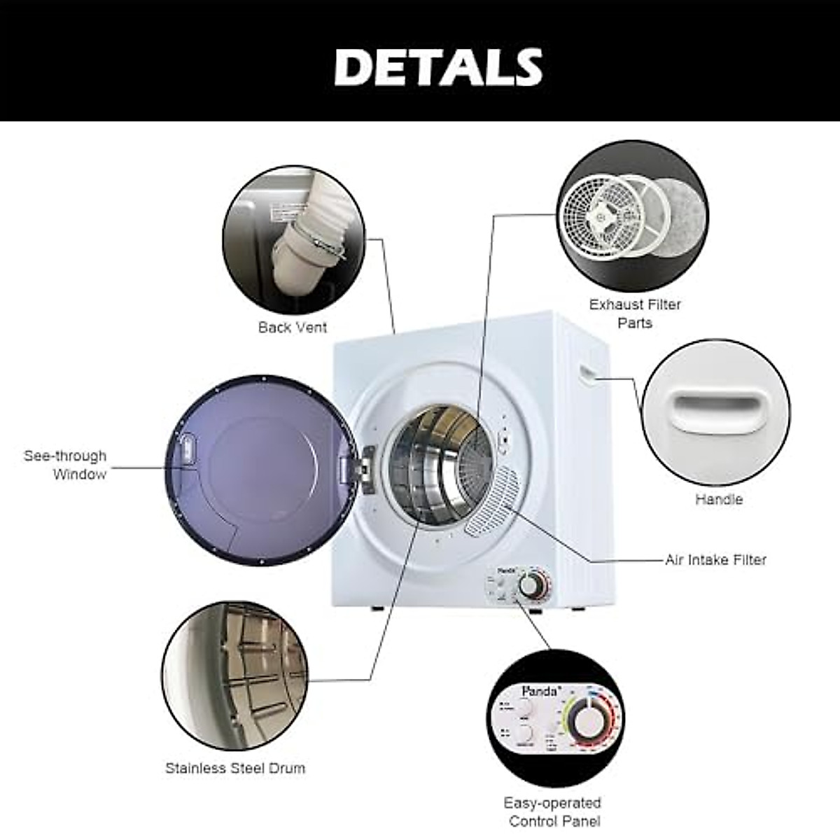 Panda Compact Dryer 13.2 lbs Load Volume 110V 1500W Portable Clothes Dryer 3.5 cu.ft. Stainless Steel Tub, 4 Drying Modes